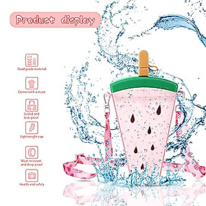 Plastic Water Bottle Watermelon Pitaya Shape Water Bottle with Straw Reusable Portable Drinking Bottle Leak Proof Water Bottle with Adjustable Shoulder Strap for Outdoor Activities (Watermelon)