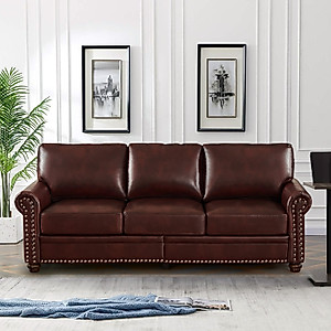 JEEOHEY Faux Leather Sofa Couch,82" Mid Century Modern Couch with Storage Place,Oversized 3 Seater Sofa with Nailhead Trim&Rolled Arm,Deep Seat Comfy Couch for Living Room,Apartment,Office(Burgundy)