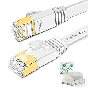 XINCA Cat 7 Flat Ethernet Cable 75ft White, High Speed 10GB Shielded (STP) LAN Internet Network Cable Ethernet Patch Computer Cable with Rj45 Connectors and 40pcs Adhesive Cable Clips