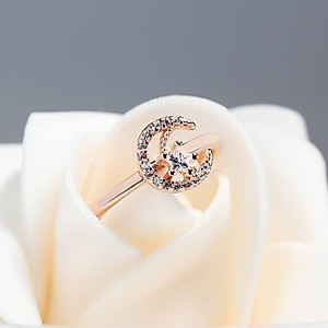 Meissa Sterling Silver Adjustable Ring for Women Crescent Moon and Star Ring Cubic Zirconia Silver Rose Gold Pleated Constellation Ring Gold