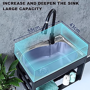 ZTGL Stainless Steel Commercial Sink Single Bowl Wall Mount Sink Rectangular with Pull-out Faucet and Storage Shelves Free Standing Utility Sink for Restaurant Kitchen Laundry Garage,58x43cm