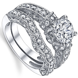 Metal Masters 1.25 Carat Solid Sterling Silver Wedding Engagement Ring Set, Bridal Ring, with Cubic Zirconia CZ Size 8