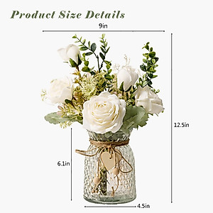 YJ Fake Flowers with Vase, Silk Roses Artificial Flowers in Vase, Faux Flower Arrangement with Vase Suitable for Home Office Decoration, Dining Table Centerpiece(White)