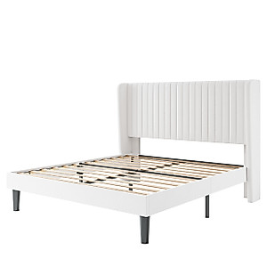 SHA CERLIN Queen Size Velvet Bed Frame with Vertical Channel Tufted Wingback Headboard, Upholstered Platform Bed with Wood Slats, No Box Spring Needed, Easy Assembly, White