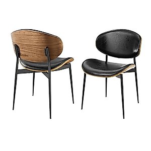 Art Leon Modern Faux Leather Dining Chairs, Mid Century Desk Chair No Wheels, Armless Accent Chair with Black Metal Legs, Set of 2, Black/Walnut