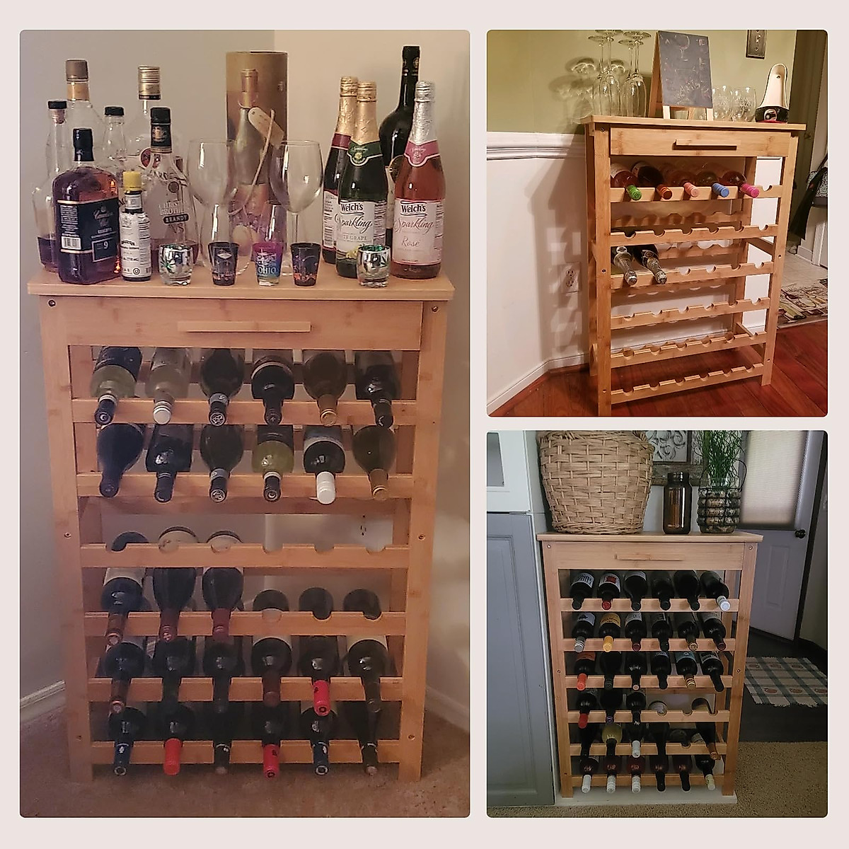 Kinbor 6-Tier Bamboo Wine Rack with Drawer, Standing Storage Rack with 36 Bottles Holder for Bar, Wine Cellar, Basement, Cabinet, Pantry, Kitchen