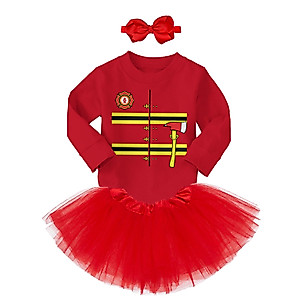 Firefighter Outfit - Firetruck Long Sleeve Toddler T-Shirt + Tutu Skirt + Bow Headband Set (Long Sleeve Red T-Shirt/Red Tutu, 4T)