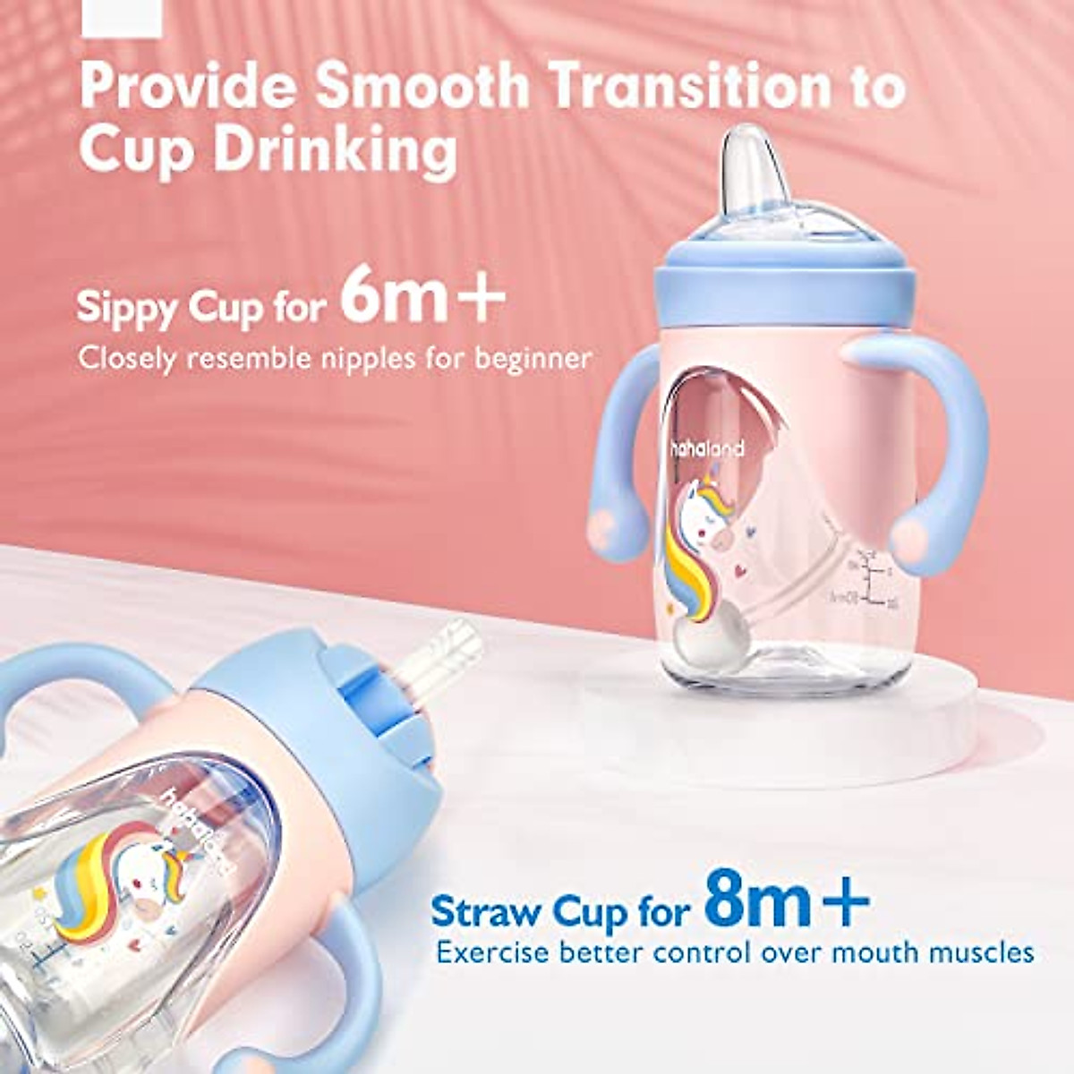 Sippy Cups for Baby 6+ Months Unicorns Sippy Cup for 1+ Year Old - 2 in 1 Spout & Straw Baby Sippy Cups 6-12 months Toddler No Spill Transition Weighted Straw Sippy Cup - 8 oz. (1 Cup with 2 Nipples)
