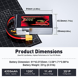 Zeee Premium Series 3S Lipo Battery 4200mAh 11.4V High Voltage Shorty Battery 120C with XT60 Plug Soft Case HV Lipo Compatible with Rock Crawler Helicopter Airplane Drone Boat Racing Models(2 Pack)