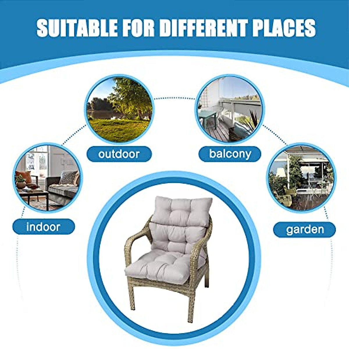 SEAHOME Patio High Back Chair Cushion, Chair Seat Pads with Non-Slip String Ties,All Weather Rocker Replacement Cushions for Indoor Outdoor Use, Patio Wicker Furniture Cushion (Grey)