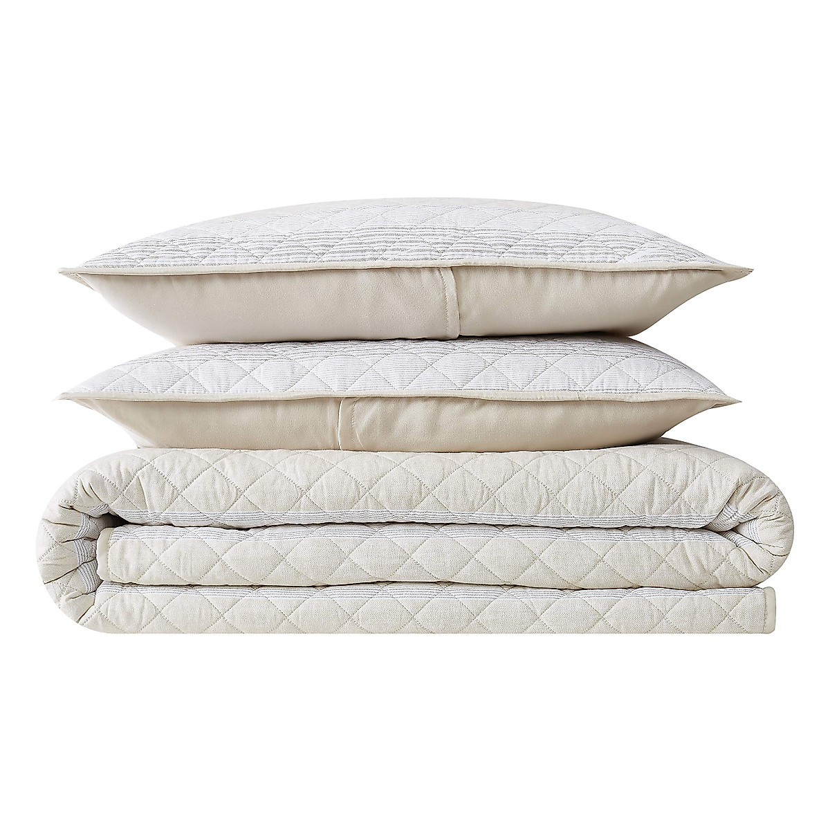 Cottage Classics 3-Piece 100% Cotton Face Quilt and Sham Set Farmhouse Style Textured Horizontal Stripe, Full/Queen, Tan