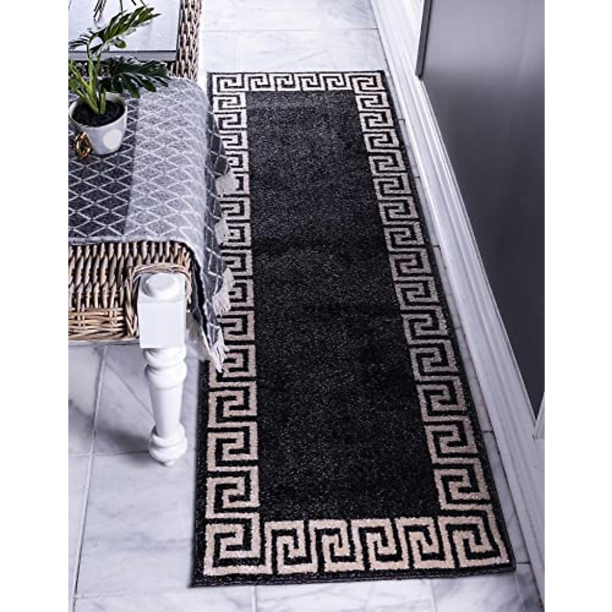 Unique Loom Athens Collection Classic Geometric Modern Border Design Area Rug, 2 ft x 6 ft, Charcoal/Beige