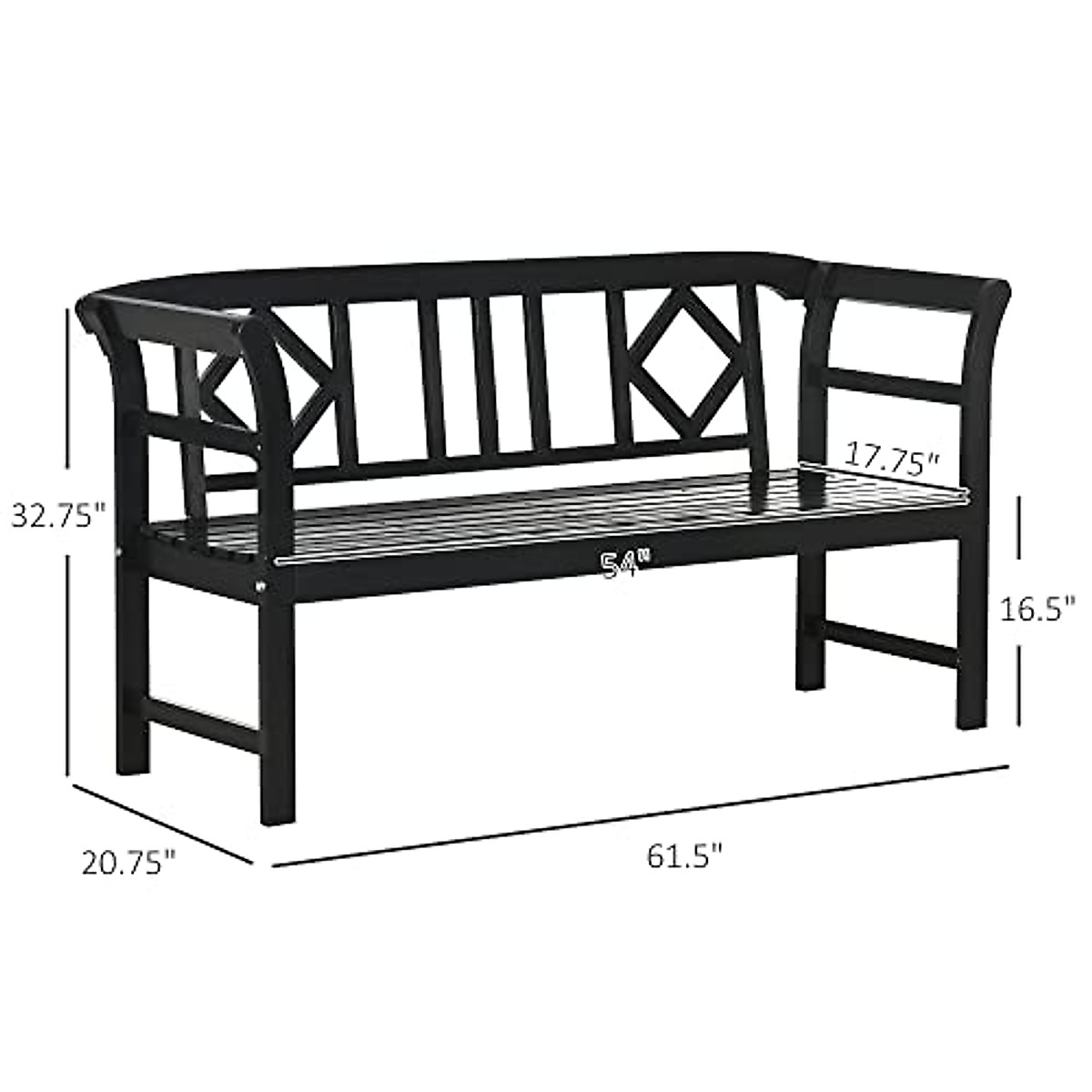 Outsunny Three-Person Wooden Bench, Three-Seater Outdoor Patio Bench, Backrest and Armrests, Rustic Country Diamond Pattern, Slatted Seat for Backyard, Porch Garden, Black