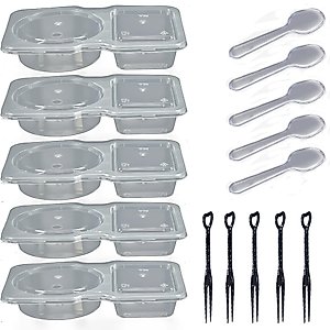 Dual Compartment Containerfor for Condiment, Dip, Sauce, Sampling and Travel Snacks，Portable Reusable Sauce Container，5Pcs Double Compartment Condiment Containers with Lids