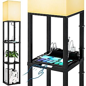 Floor Lamp with Shelves - Floor Lamps for Living Room with Touch Control, Wood Standing Lamp with 2 USB Ports, 1 Power Outlet, 11w Led Bulb, 3-Tier Shelf for Bedroom, LED Modern Corner Floor Lamp