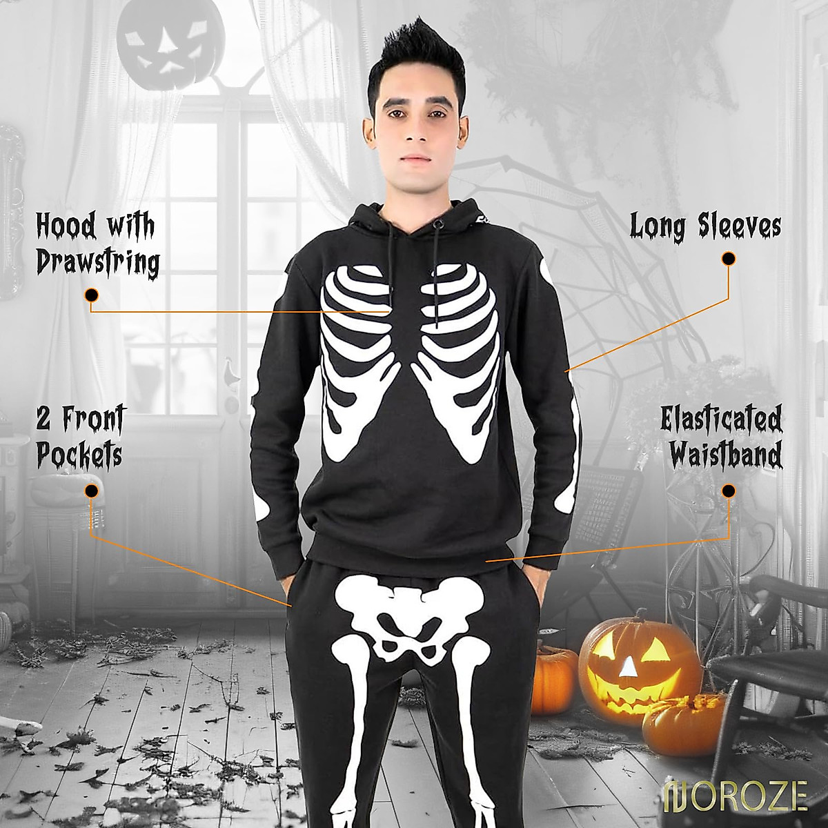NOROZE Men's Halloween Skeleton Tracksuit Hoodie Jumper Joggers Unisex Set (M, Skeleton Black)