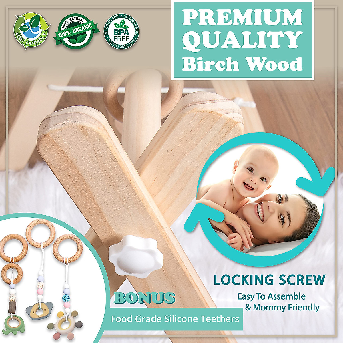 LaviElle Wooden Baby Gym for 0-1.5 Years | Certified Foldable Play Toys with Hanging Bar and Non-Toxic and Unique Teethers | Baby Activity Gym Perfect Gifting - Newborn Babies | Toddlers Development