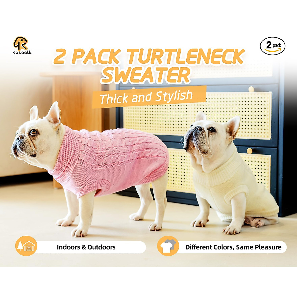 Roseelk 2 Pack Dog Sweaters for Small Dogs - Puppy Medium Warm Clothes in Winter, Turtleneck Pullover Design for Boy Girl Pet, Doggie, Cat, Kitten Chihuahua Bulldog Pug Beagles (S, Pink, Beige)