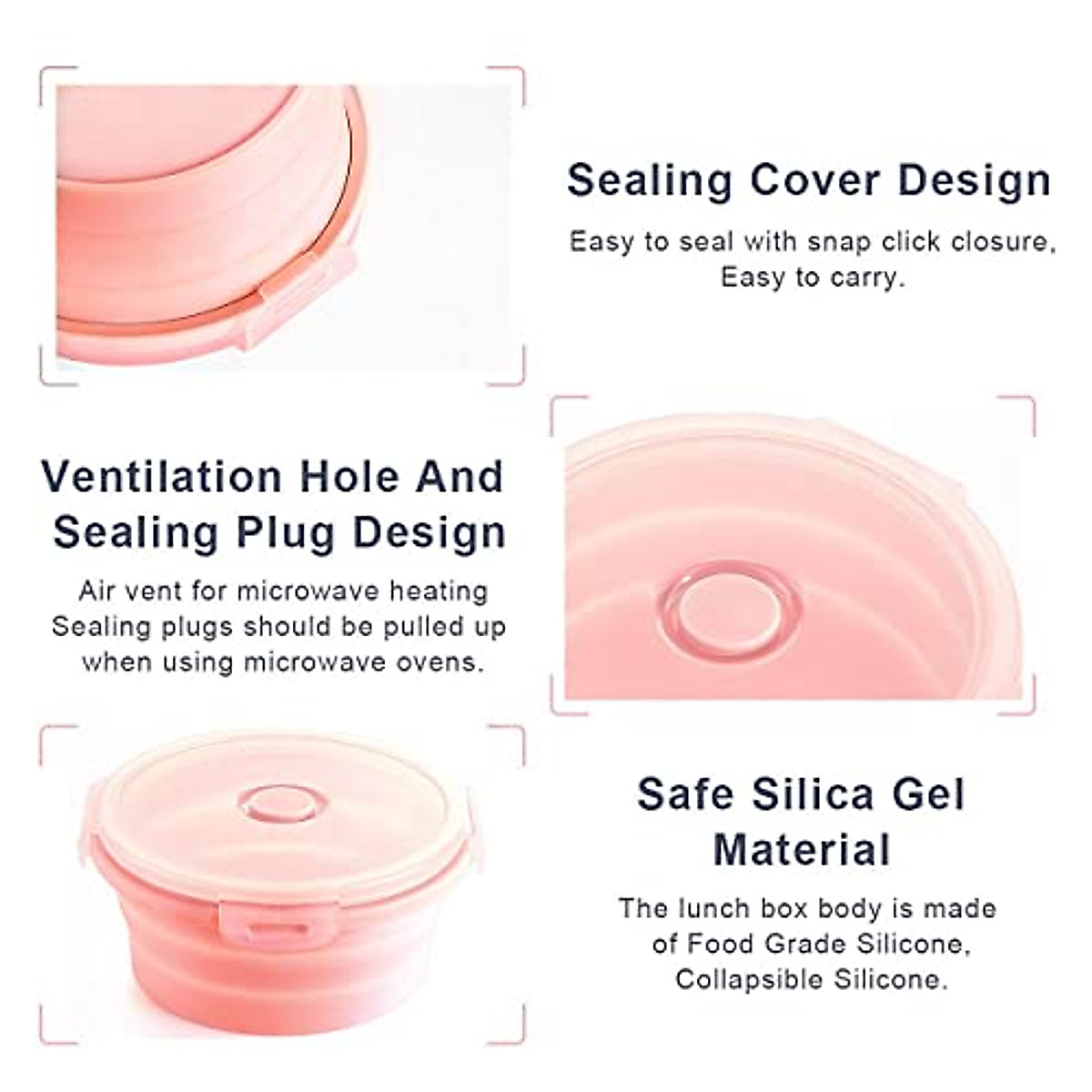 Collapsible Bowls Pink Kitchen Accessories Silicone Food Storage Meal Prep Containers with Lids Airtight Reusable for Camping Flat Box Stacks, BPA Free, Cute Freezer Microwavable Travel Food Container