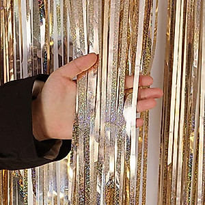 Champagne Tinsel Foil Fringe Curtain Backdrop, 2 Pack Metallic Glitter Curtains Party Decorations Streamers, Xmas Champagne Backdrop for Birthday Wedding Bridal Shower Homecoming New Year