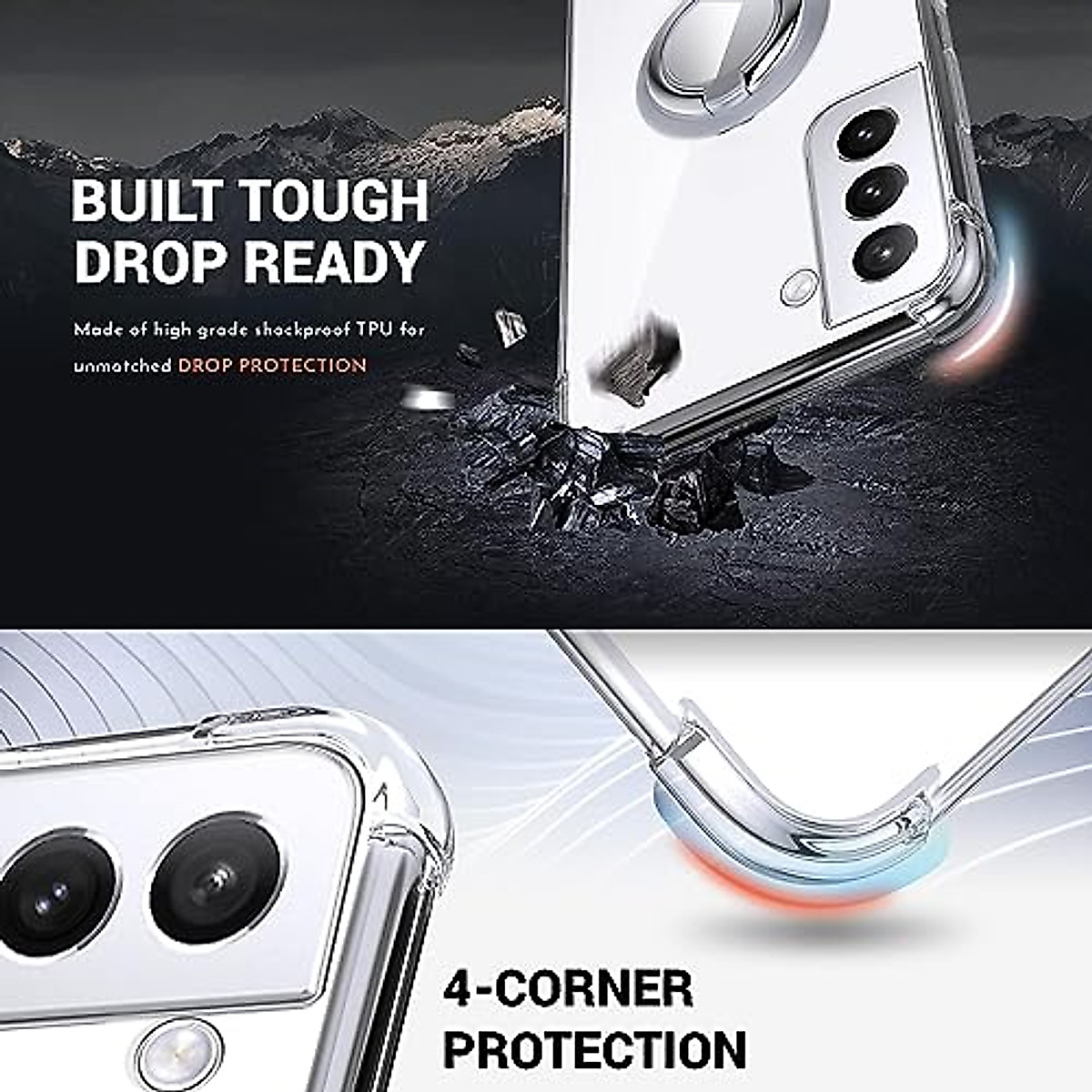 Silverback for Samsung Galaxy S22 Case Clear with Ring Kickstand, Protective Shock -Absorbing Bumper Shockproof Phone Case for Galaxy S22 -Clear