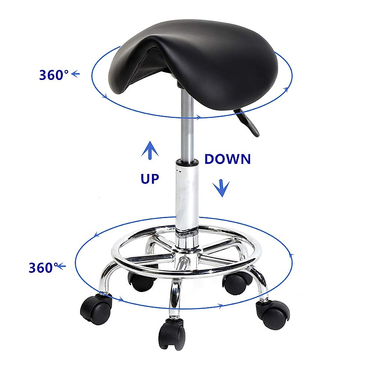 WEI WEI GLOBAL Adjustable Spa Stool, PU Leather Cushioned Salon Seat, Rolling Swivel Office Chair, Massage Barber Stool on Wheels for Drafting Tattoo Beauty Facial Spa (Saddle, Black)