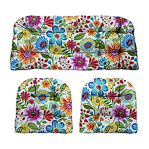 RSH Décor Indoor Outdoor 3 Pc Tufted Wicker Cushion Set 1 Loveseat & 2 U-Shape-Choose Color & Size (Gregoire Fresco Red, Blue Yellow Floral, 41"x19" , 19"x19")