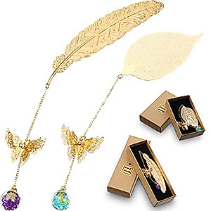 2 Pieces Metal Feather Bookmark Metal Leaf Bookmark with 3D Butterfly, Glass Dry Flower Beads Pendant and Box for Reader Students Friends