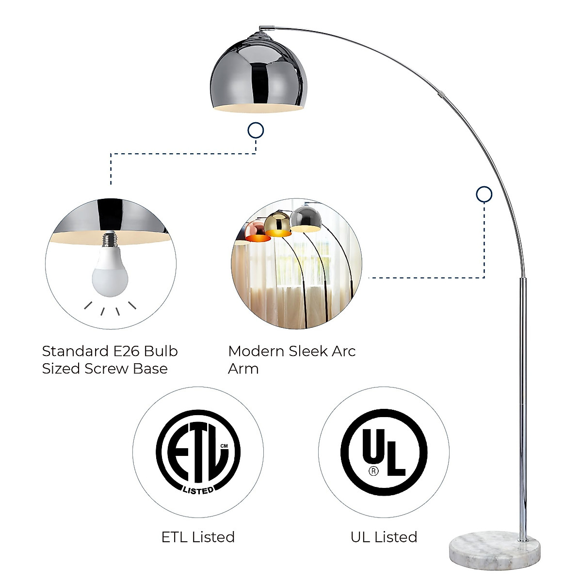 Versanora Arquer Modern Arc Floor Lamp 67 inch Tall Standing Hanging Light with Chrome Finished Shade and White Marble Base for Living Room Reading Bedroom Office