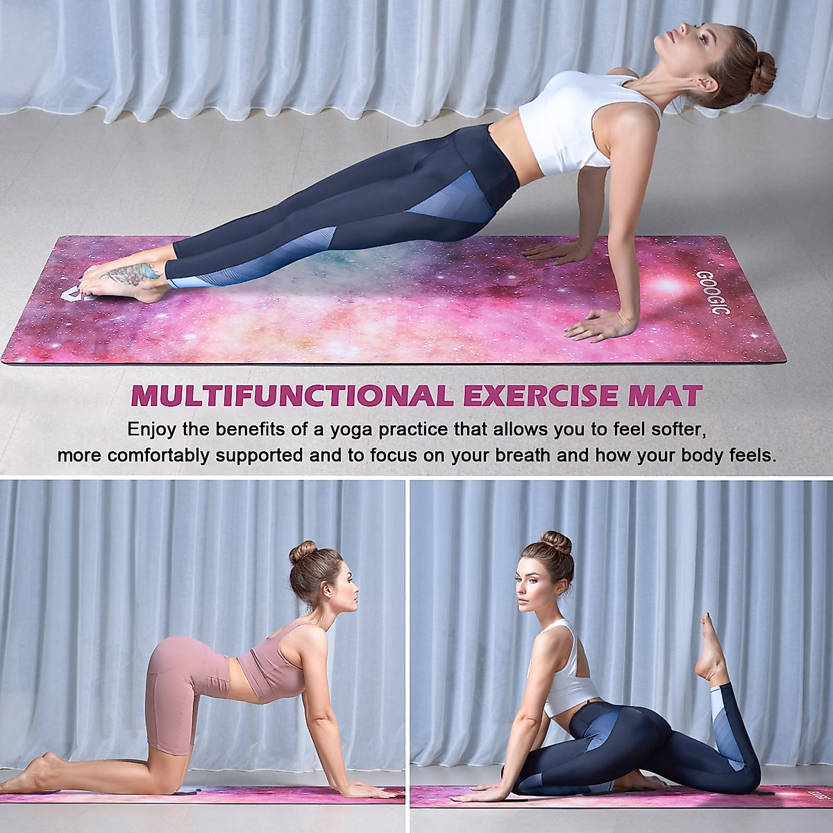 GOOGIC Suede Rubber Yoga Mat, Non-Slip Yoga Mat 4.5mm Thick Lightweight Printed Travel Mat with Strap Exercise Mats for Home Workout- Ideal for Yoga, Pilates, Fitness(Galaxy Pink)