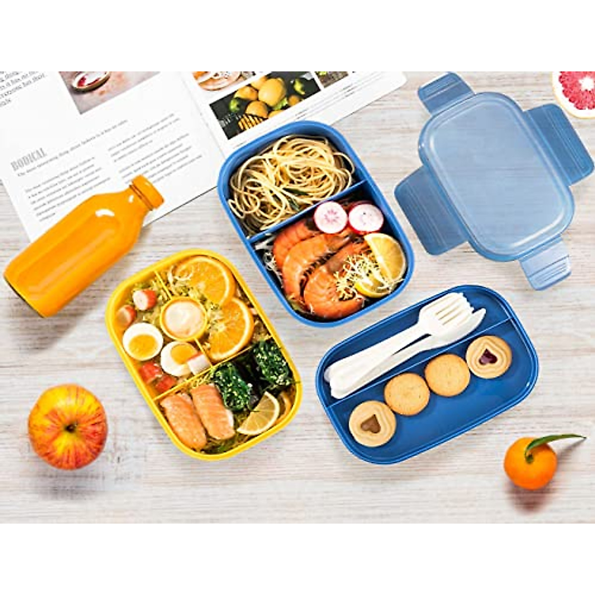 Stackable Bento Box Adult Lunch box- Leakproof Bento Box Lunch Containers for Adult, 64-oz Lunch Box with Utensil Set and Dressing Container, 5 Compartments Large Capacity -Blue Yellow
