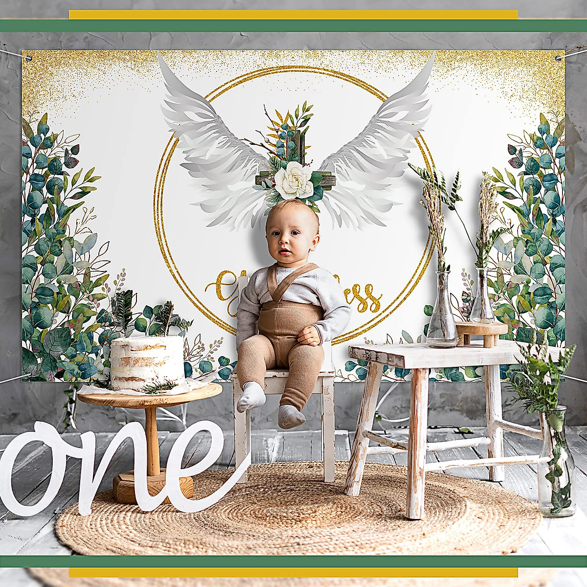 Remagr God Bless Backdrop First Communion Baptism Christening Party Decorations Banner Green Leaves Newborn Baby Shower Photography Background Favors Supplies Photo Booth, 71 x 43 in, One Size