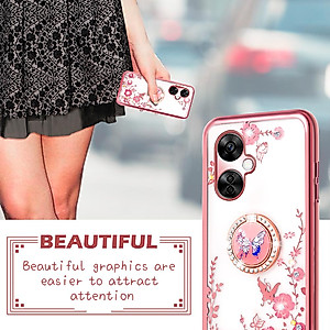 nancheng for OnePlus N30 5G Phone Case, Case for OnePlus Nord N30 5G (6.72-inch) Cute Soft Silicone Pink Cover for Girls Women with Diamond Ring Kickstand Shockproof Protection Case - Rose Butterfly