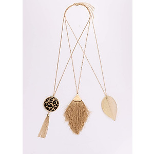 LENOOCLE Long Necklace for Women Tassel Pendant Necklace Leaf Necklace Leopard Print Leather Y Shape Lariat Sweater Necklace Set