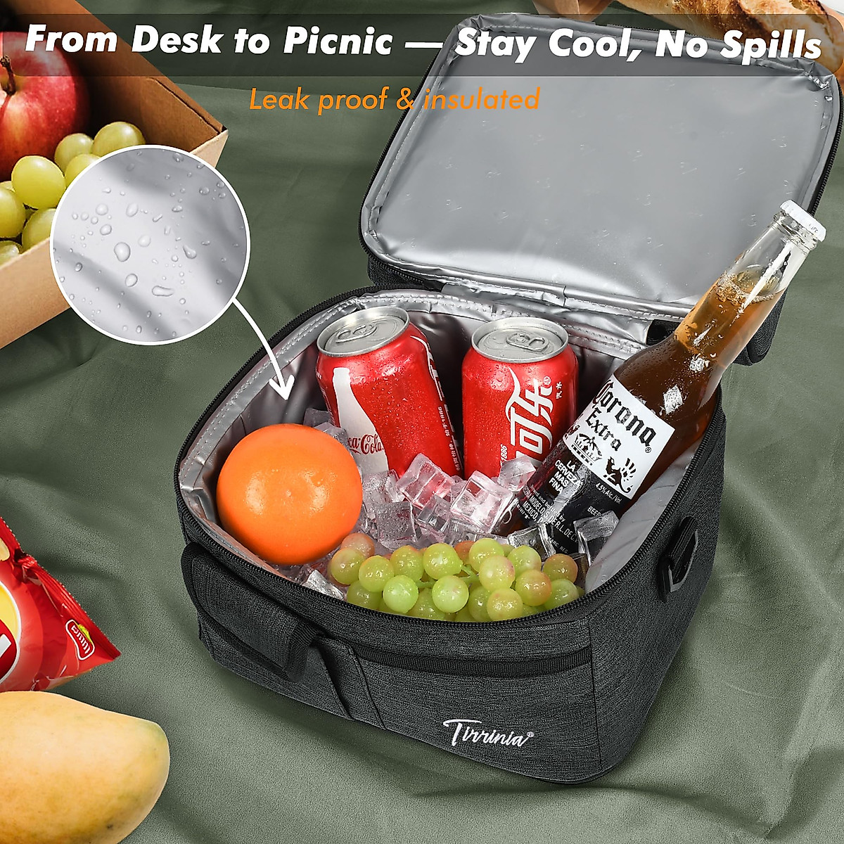 Tirrinia Insulated Lunch Bag, Leakproof Thermal Bento Cooler Tote for Women and Men, Dual Compartment with Shoulder Strap, 10.3" x 7.5" x 8.6", Black