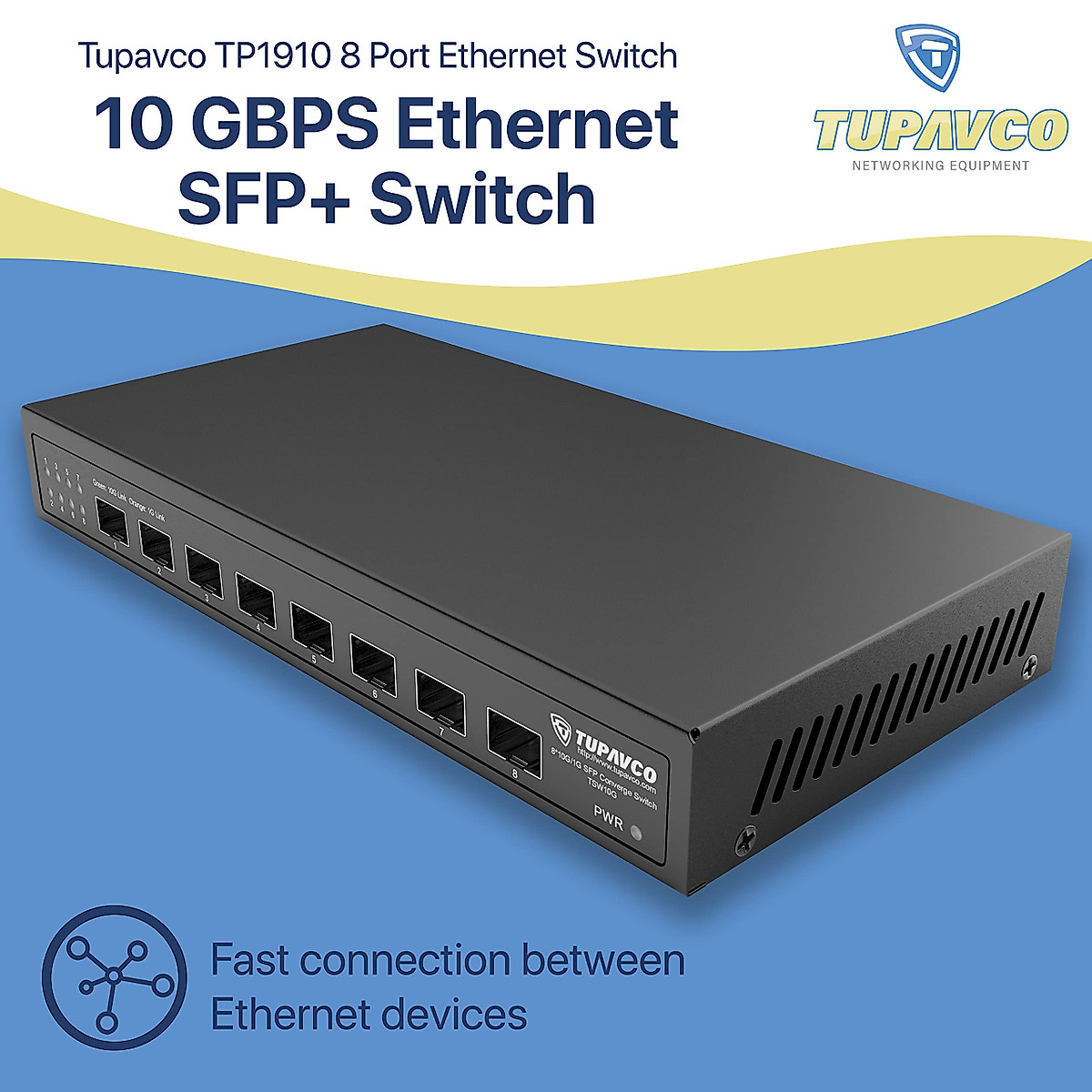 10GB SFP+ Switch (8 Port - Unmmanaged) - 10 Gigabit Ethernet at 8 Small Form-Factor Pluggable Slot for Fiber Optic (Optical Cable) Network or LAN (RJ45/CAT6+) Transceiver Devices - Tupavco TP1910