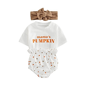 Rarjuiey Newborn Halloween Baby Girl Outfit Pumpkin Romper Short Sleeve Ruffle Shorts Sets Fall Clothes with Headband (White,3-6 Months)