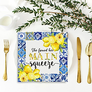 AnyDesign 80 Pack Lemon Luncheon Napkins Disposable She Found Her Main Squeeze Paper Decorative Napkins Blue Tiles Print Dessert Dinner Hand Napkin for Buffet Party Supplies Decoration, 6.5 x 6.5 In