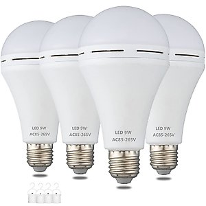 Furoching A19 Rechargeable Emergency LED Bulb, 9W 60W Equivalent Battery Backup Emergency Light with Switch Hook, E26 6000K for Home Power Outage Outdoor Activity Camping Hurricane,4-Pack