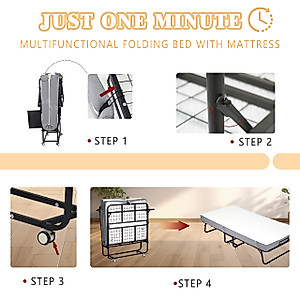 HXZDZ Folding Bed, Portable Foldable Bed with Mattress, 75"x 31" Rollaway Bed Guest Bed for Adults, Fold up Bed with Sturdy Metal Frame& Wheels, Space-Saving Sleeper Bed,Black