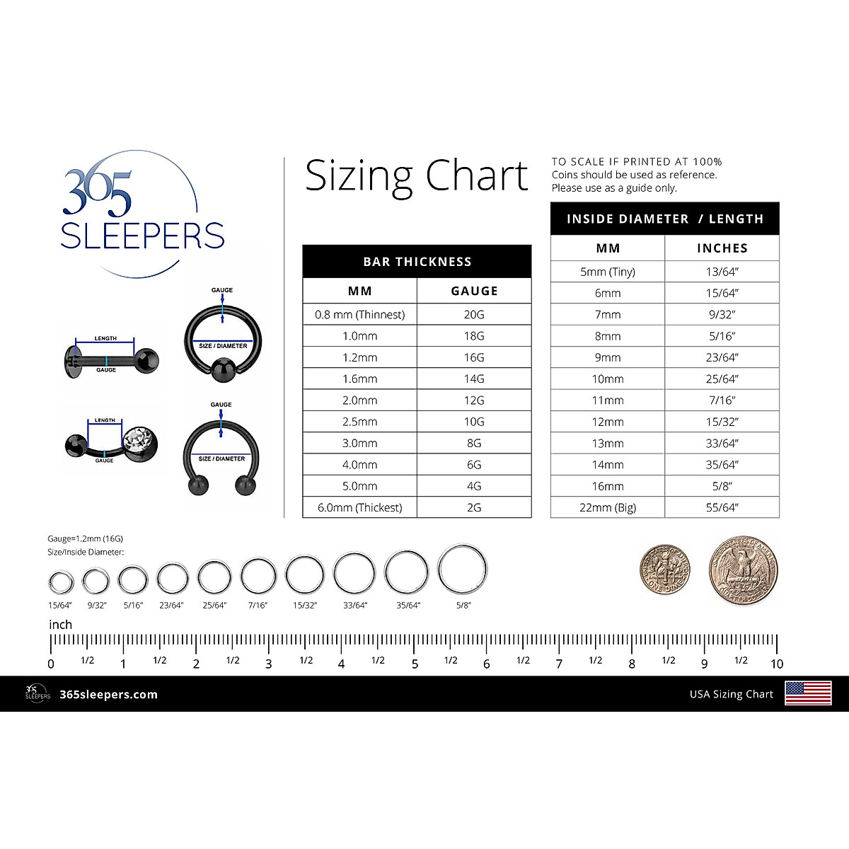 365 Sleepers 20G 18G 16G 14G 12G 10G 8G 6G 4G 2G Surgical Steel 6mm - 22mm Circular Barbell Horseshoe Nose Nipple Tragus Ring Earring Body Piercing Jewelry