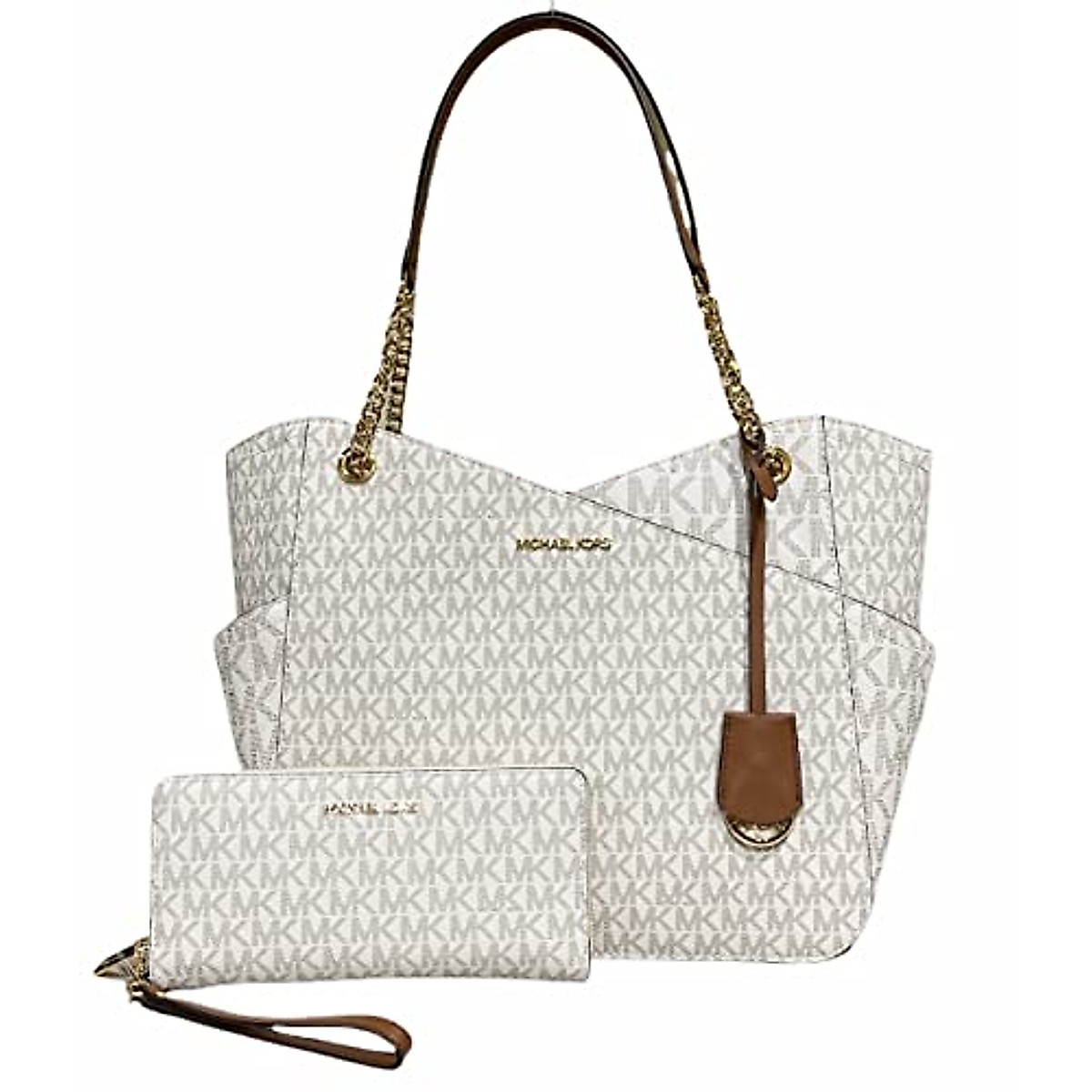 Michael Kors Jet Set Travel Large Chain Shoulder Tote Vanilla MK Signature Logo Bundled Jet Set Travel Continental Wristlet Vanilla Signature MK