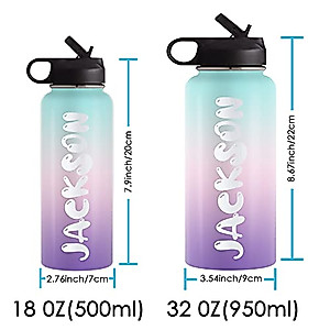 Personalized Insulated Water Bottles for Kids, 18oz/32oz Custom Name Stainless Steel Insulated Water Bottle with Straw Lid & Handle, Customized Gifts for Boys Girls Sports Water Bottle School-Soild
