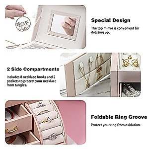 DREAM&GLAMOUR Jewelry Boxes for Women,3 Layer PU Leather Jewelry Organizer Box with Mirror and Lock.Medium Sized Portable Travel Jewelry case for Earrings Bracelets Rings Necklace-pink