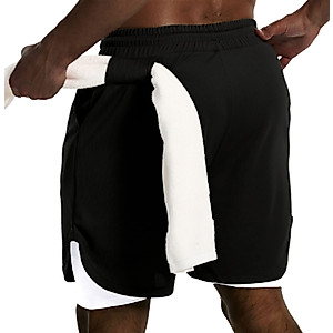 JWJ Mens 2 in 1 Running Shorts Quick Dry Gym Athletic Workout Clothes with Side Pockets,Black White X-Large
