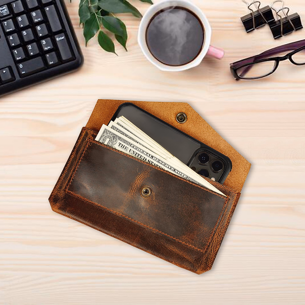 The Antiq Leather Currency Pouch, Money Organiser, Coin Purse, Retro Clutch Wallet for Men & Women, Cash Wallet, Cash Envelope, Currency Pouch with Mobile Pocket