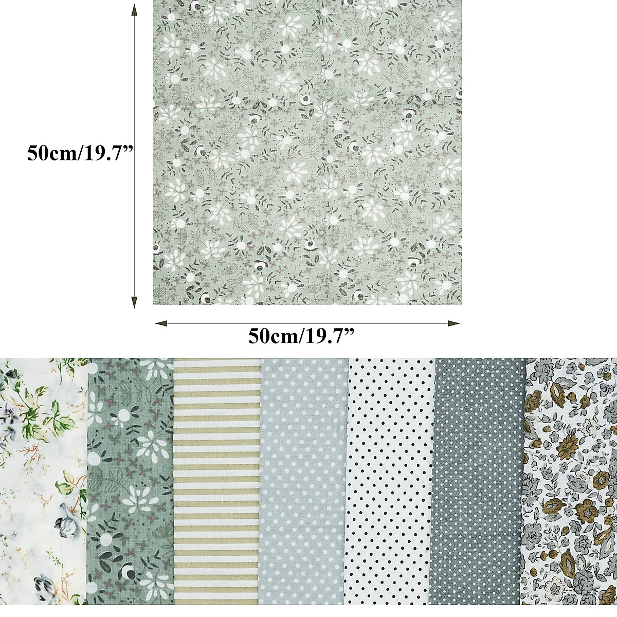 Pofik 7 pcs/lot Quilting Fabric Bundles,100% Cotton Fat Quarters Printed Craft Fabric, 20 x 20 inches (50cm x 50cm) Precut Squares Sheets for Patchwork DIY Craft Sewing (Grey)
