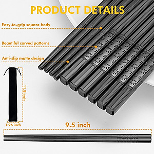 5 Pairs Reusable Chopsticks Dishwasher Safe,9.5 Inch Fiberglass Chopsticks Set, Japanese Chinese Korean Chopsticks for Food, Non-Slip, Easy to Use (Black Chopsticks)
