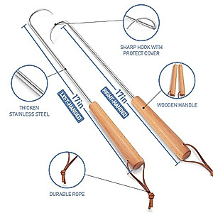 Pigtail Food Flipper 2Pcs, HaSteeL 17Inch Meat Turner Hook, Stainless Steel Pig Tail Flipper Hook With Wooden Handle, Grill Accessories for BBQ Grilling Griddle Kitchen Cooking - Left & Right Handed