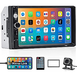 7 Inch Car Stereo Double Din Car Radio with Bluetooth Touchscreen Car Audio with FM/Hands Free Calling/Mirror Link/USB/TF/FM/AUX/EQ/Rear View Camera/Remote Control + Frame